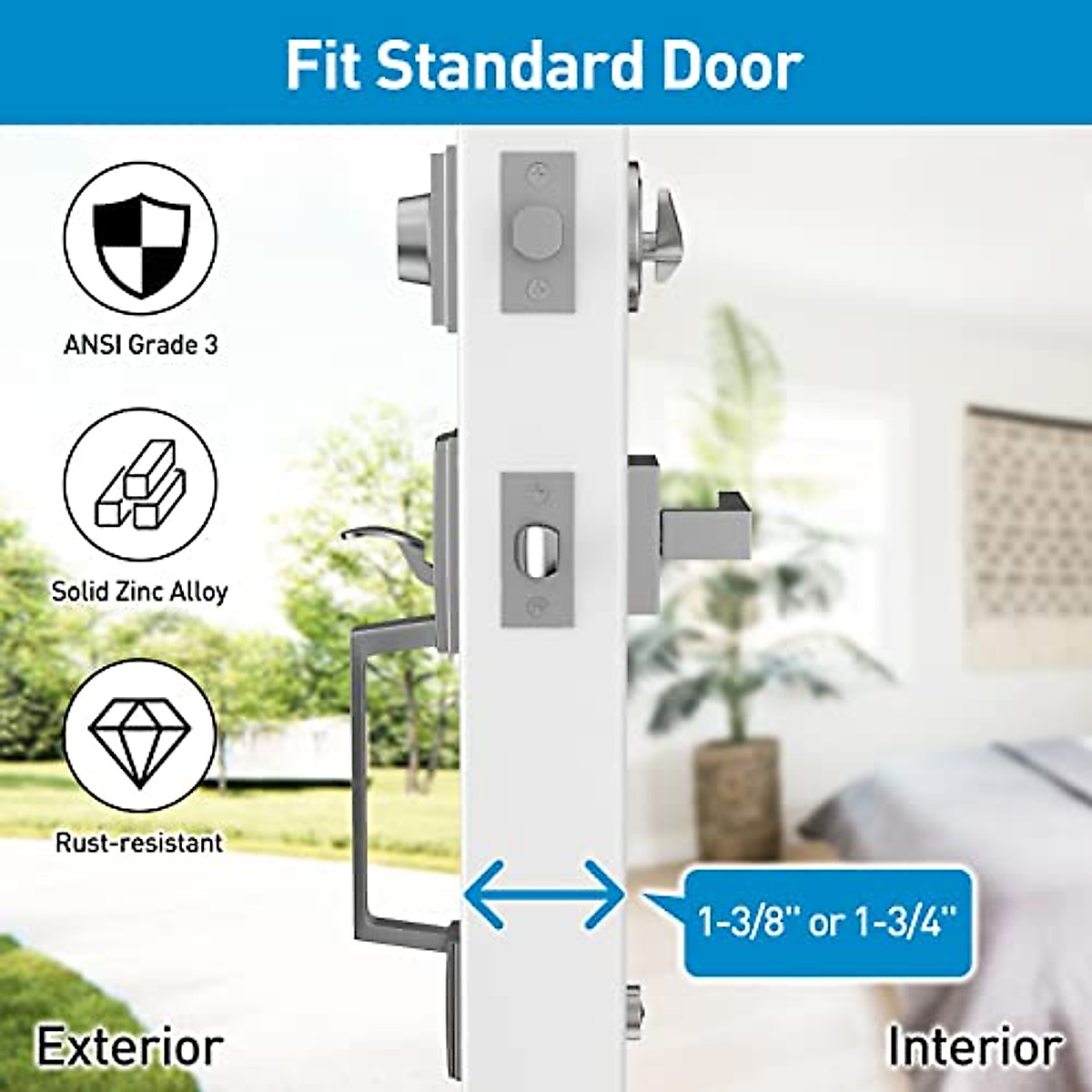 HOSOM Front Door Handle Set, Exterior Door Lock Set with Deadbolt, Single Cylinder, Reversible for Right and Left Handed Doors, Satin Nickel