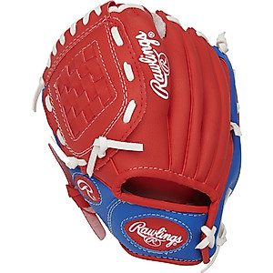 Rawlings | PLAYERS Series T-Ball & Youth Baseball Glove | Left Hand Throw | 9" | Red/Blue with Ball