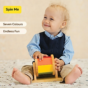 Shumee Wooden Spinning Rainbow Drum Baby Toy Montessori Toys for Babies 6-12 Months | 100% Child Safe | Spinning Rainbow Baby Toy | Tummy Time Toy, Educational Toys for Early Development