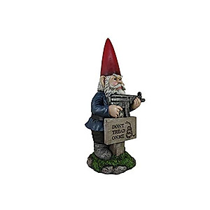 DWK "Fair Warning Don't Tread on Me Outdoor Garden Gnome Holding a Gun Statue | Garden Statues and Yard Art | Front Porch Decoration | Patio Decor for Your Home - 16"