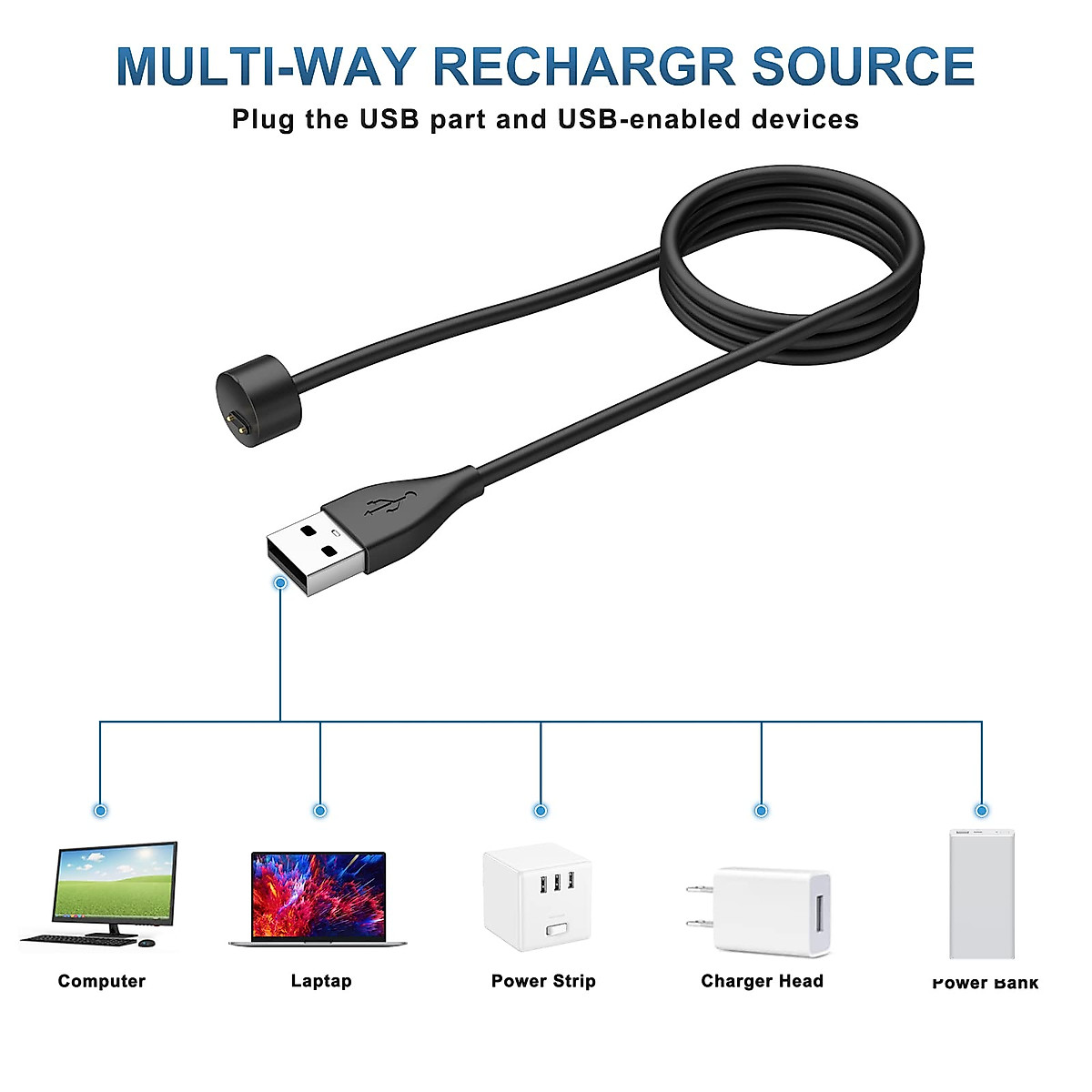 [2-Pack] Charger Cable for Xiaomi Mi Band 5/6/7 Smart Watch, Replacement USB Charging Cradle Dock Stand Cable for Amazfit Band 5 Fitness Tracker (3.3 ft/1.6ft)