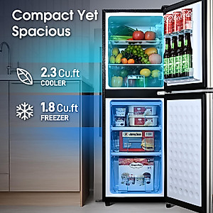 Anypro Fridge with Bottom Freezer and Drawer, 4.1 Cu.Ft Double Door Refrigerator with 7 Adjustable Temperature Settings for Bedroom, Dorm, Office, Apartment, Large Capacity, Black