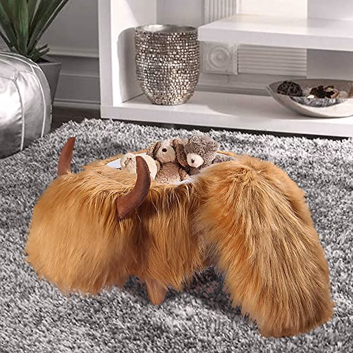 GIA Kids Ottoman with Storage, Foot Stand and Wooden Legs, MacGregor Highland Cow, Brown