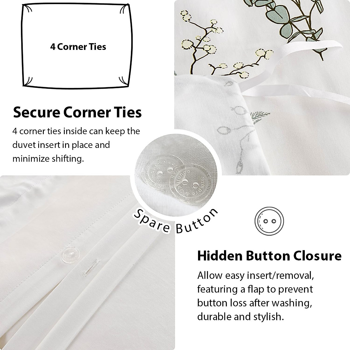 Simple&Opulence 100% Cotton Duvet Cover Set King Size, 3Pcs White Floral Botanical Printed Comforter Cover Set with Button Closure, Soft Breathable Bedding with Linen Trim for All Seasons