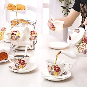 Tea Sets 20-Piece Coffee (7oz) Tea Cup Set Ceramic Vintage Flower European Style,Tea Set for Women Tea Party Afternoon (28oz) Teapot Set Tea Supplies Tea Cup and Saucer Set