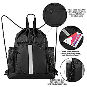 BeeGreen Drawstring Backpack Bag Sports Gym Backpack with Shoe Compartment and Two Water Bottle Holder for Men Women Large String Backpack Athletic Sackpack Workbag Black