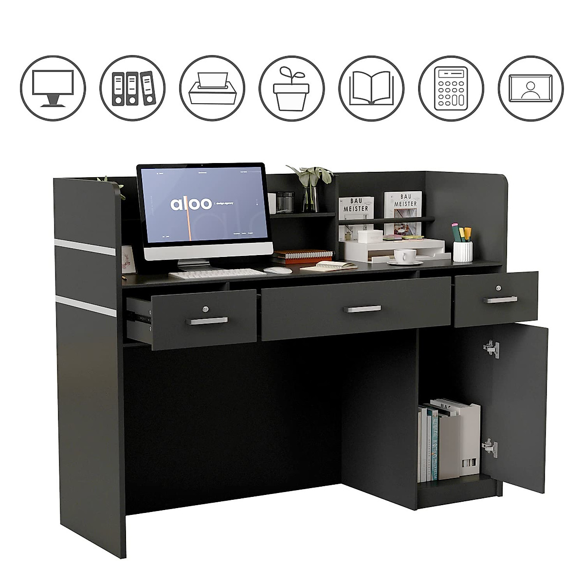 AGOTENI Reception Desk Reception Stations with Open Shelf & Drawers, Wooden Counter Desk with Lockable Drawer for Office Reception Room (Black)