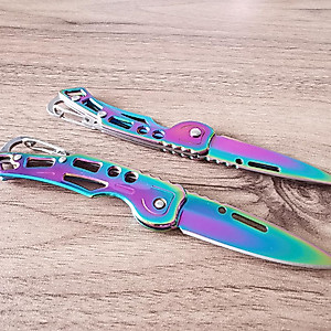 WWZJ 2 Pack Pocket Knife (Multicolored Titanium) with Key Ring Easy To Everyday Carry, Folding Knife Self-Defense