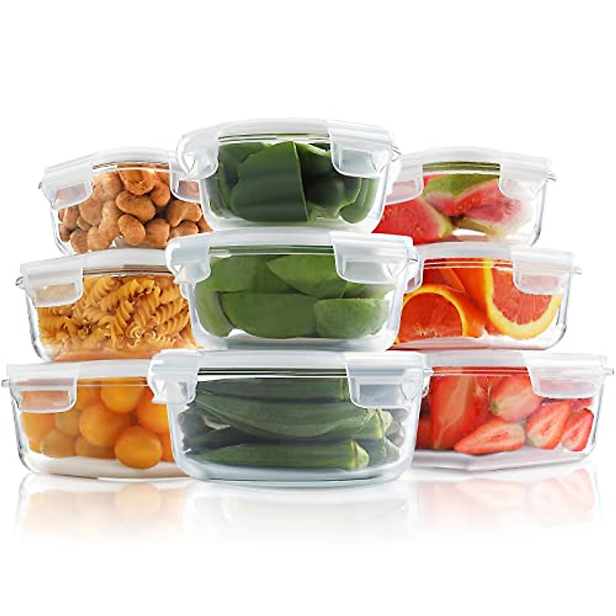 HOMBERKING Glass Food Storage Containers with Lids, [18 Piece] Glass Meal Prep Containers, Airtight Glass Lunch Bento Boxes, BPA-Free & Leak Proof (9 lids & 9 Containers) - White