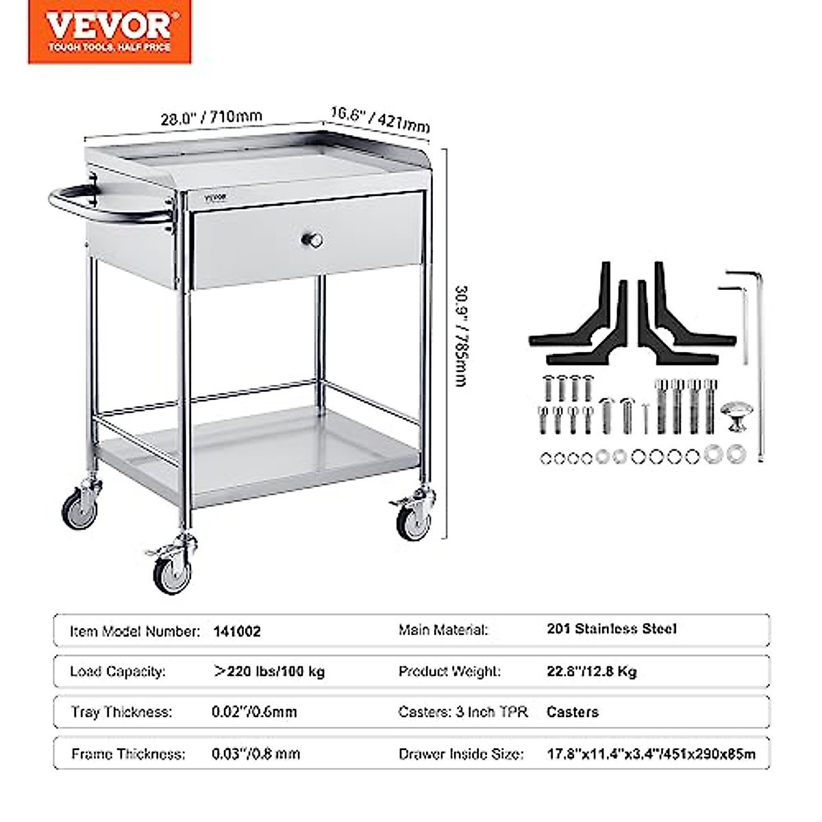 VEVOR Medical Cart, 2-Layer Stainless Steel Cart 220 lbs Weight Capacity, Lab Utility Cart with 360° Silent Wheels and a Drawer for Lab, Clinic, Kitchen, Salon