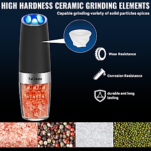 FaCreate Gravity Electric Salt and Pepper Grinder Set,Automatic Operation Electric Salt and Pepper Shakers Set，Battery Powered Adjustable Coarseness Pepper Mill Grinder LED Light, Black (2PACK)