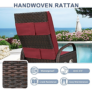 Skypatio Outdoor Patio Recliner Chair, Independently Adjustable Backrest and Footrest All-Weather Wicker Patio Reclining Lounge Chair with Flip Side Table, Red