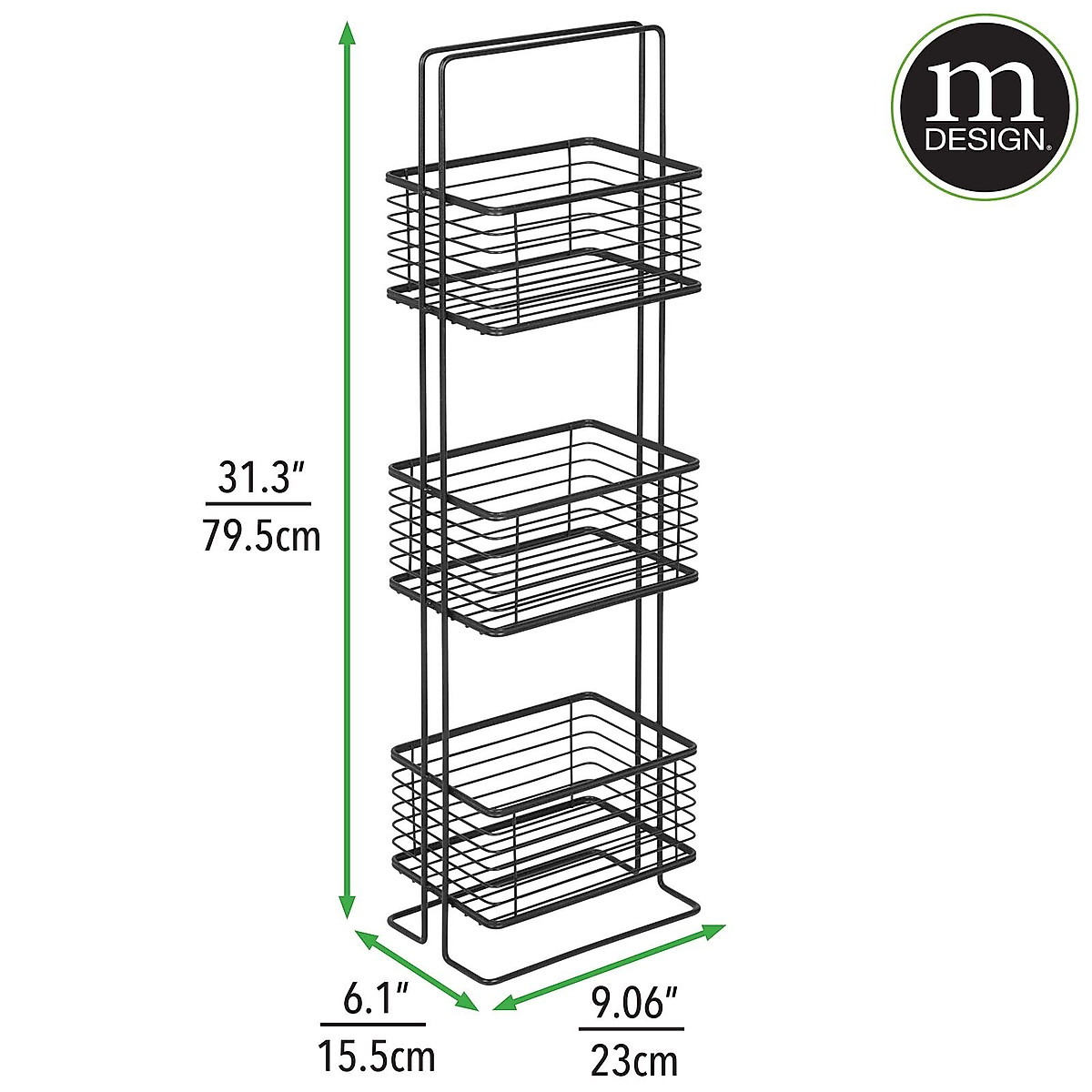 mDesign Slim Metal Wire 3 Tier Free-Standing Bathroom Shelving Unit, Small Narrow Storage Organizer Tower Rack with 3 Basket Bins - Holds Tissues, Hand Soap, Toiletries - Matte Black