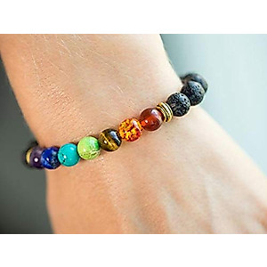 7 Chakra Healing Bracelet with Real Stones, Volcanic Lava, Mala Meditation - Men and Women Religious Jewelry - Wrap, Stretch, Charm Bracelets - Protection, Energy, Healing 7.25 in