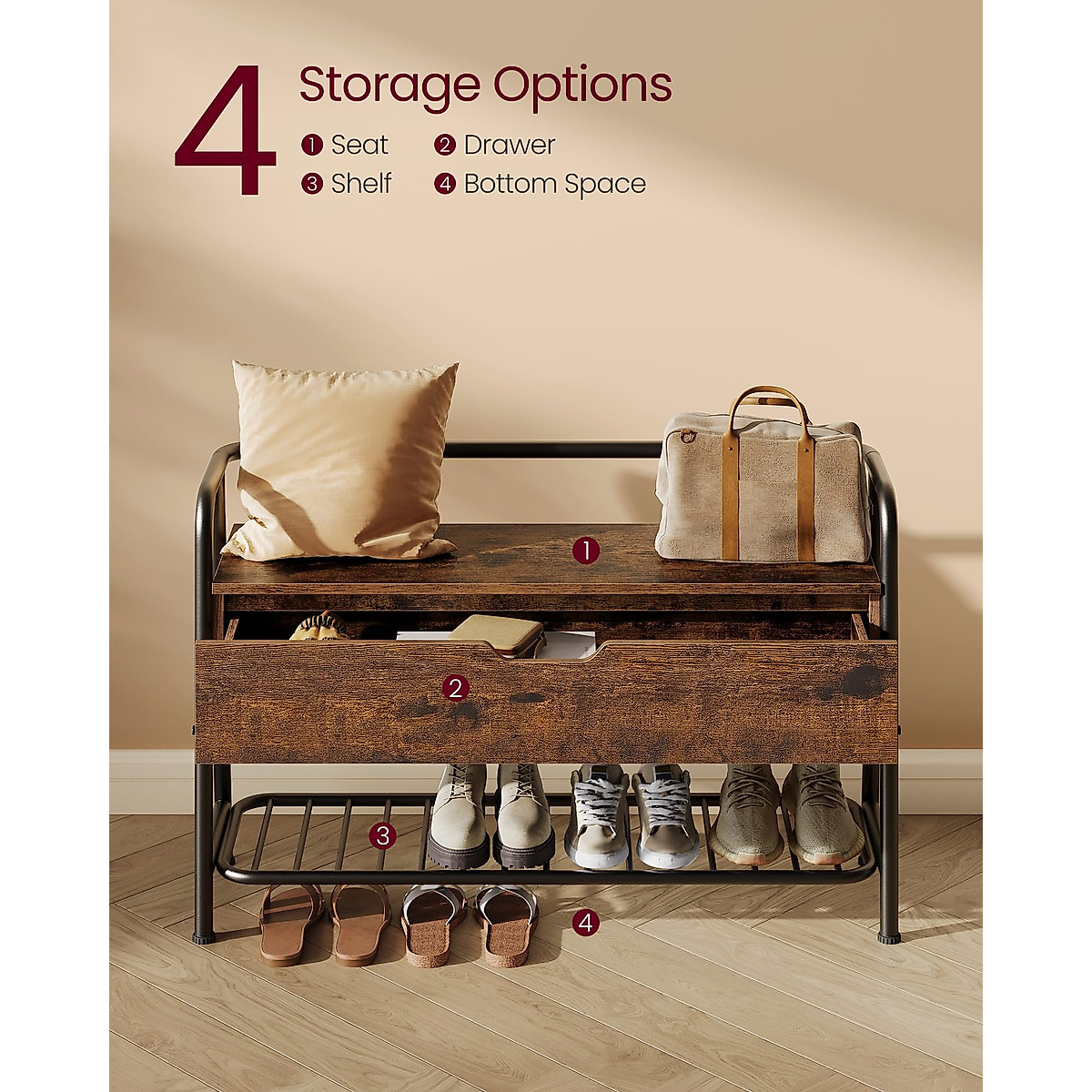 VASAGLE Shoe Storage Bench with Seating, Shoe Bench with Organizer Drawer, Industrial Style, Steel Frame, Holds Up to 600LB, for Entryway, Living Room, Bedroom, Rustic Brown and Ink Black, ULSB151K01