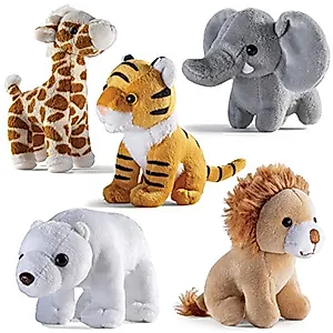 PREXTEX Safari Friends Stuffed Animal Gift Set - 5 Small Plush Stuffed Animals (Giraffe, Tiger, Lion, Polar Bear, Elephant) Zoo Animals - Machine Washable Stuffed Animals for Boys & Girls Ages 3-5+