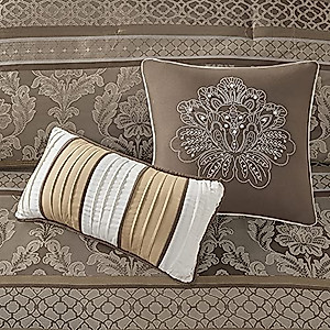 Madison Park Bellagio Cozy Comforter Set - Luxurious Jaquard Traditional Damask Design, All Season Down Alternative Bedding with Matching Shams, Decorative Pillow, King(104"x92"), Brown/Gold 7 Piece