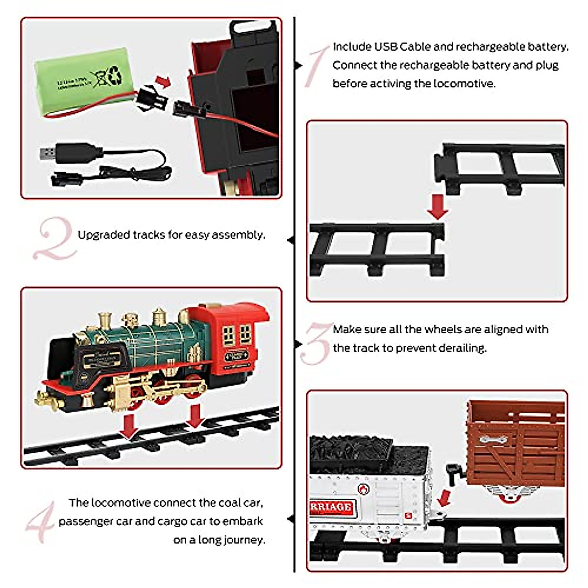 Mini Tudou Christmas Electric Train Set w/Steam, Sound & Light, Remote Control Train Toys w/Steam Locomotive Engine, Cargo Cars & Tracks, Toy Train w/Rechargeable Battery for Kids Boys 3+ Year Old
