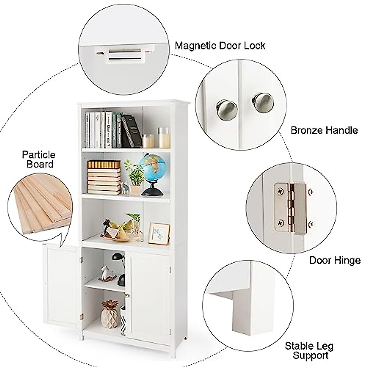 SILKYDRY Bookshelf with Storage Cabinet, 3-Tier Open Shelf, Standing Tall Bookcase with Double Doors, Anti-Tipping Device & Adjustable Shelves, Versatile Book Shelf for Home Office (White)
