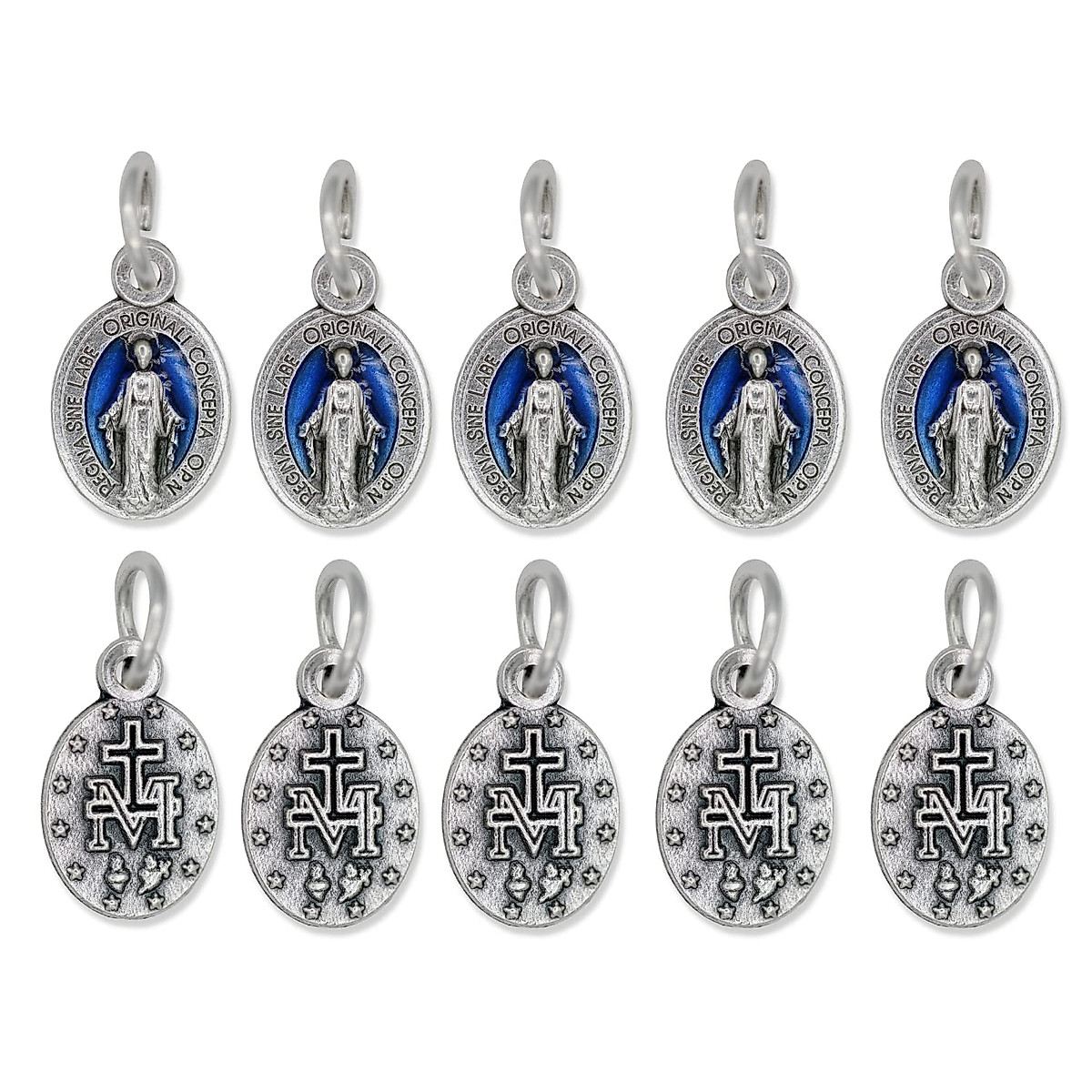 Caritas et Fides Pack of 10 - Mini Miraculous Medal Pendant for Charm Bracelet or Necklace, 1/2" Silver and Blue, Small - Made in Italy