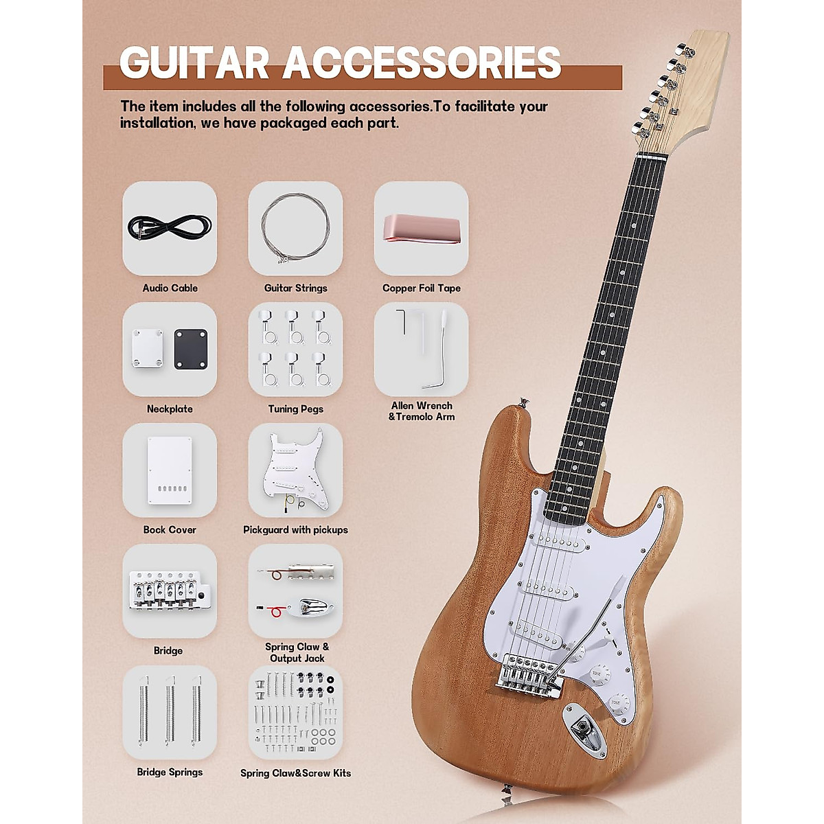 Leo Jaymz DIY ST Style Electric Guitar Kits with Mahogany Body and Maple Neck - Ebony Fingerboard and All Components Included (ST)