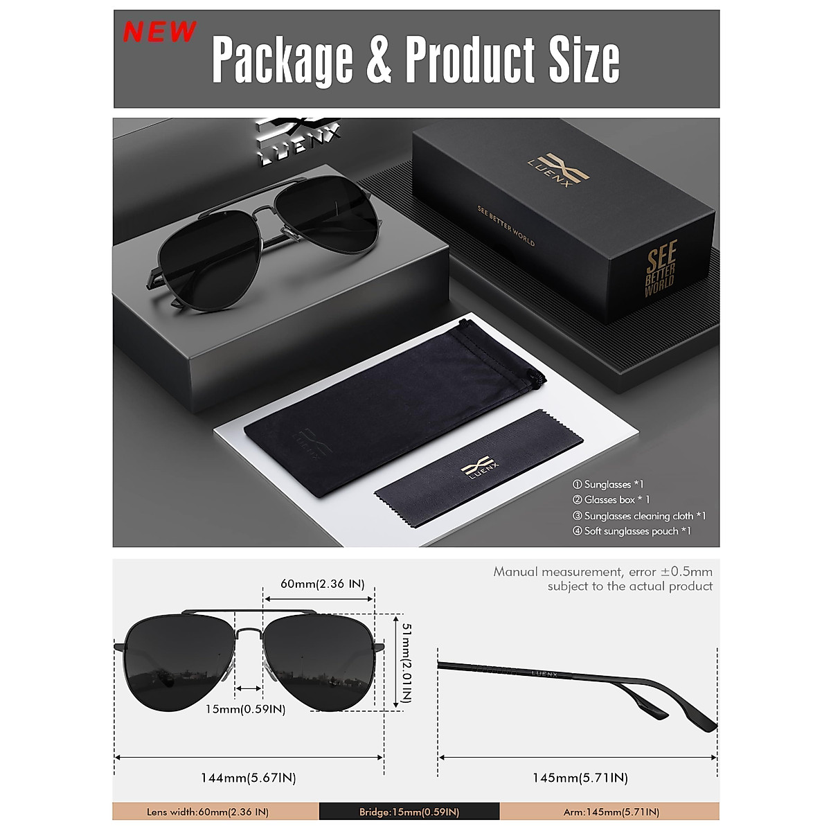 LUENX Aviator Sunglasses for Men Womens Polarized Driving Shades Black Lens Black Metal Frame Classic Style 60mm
