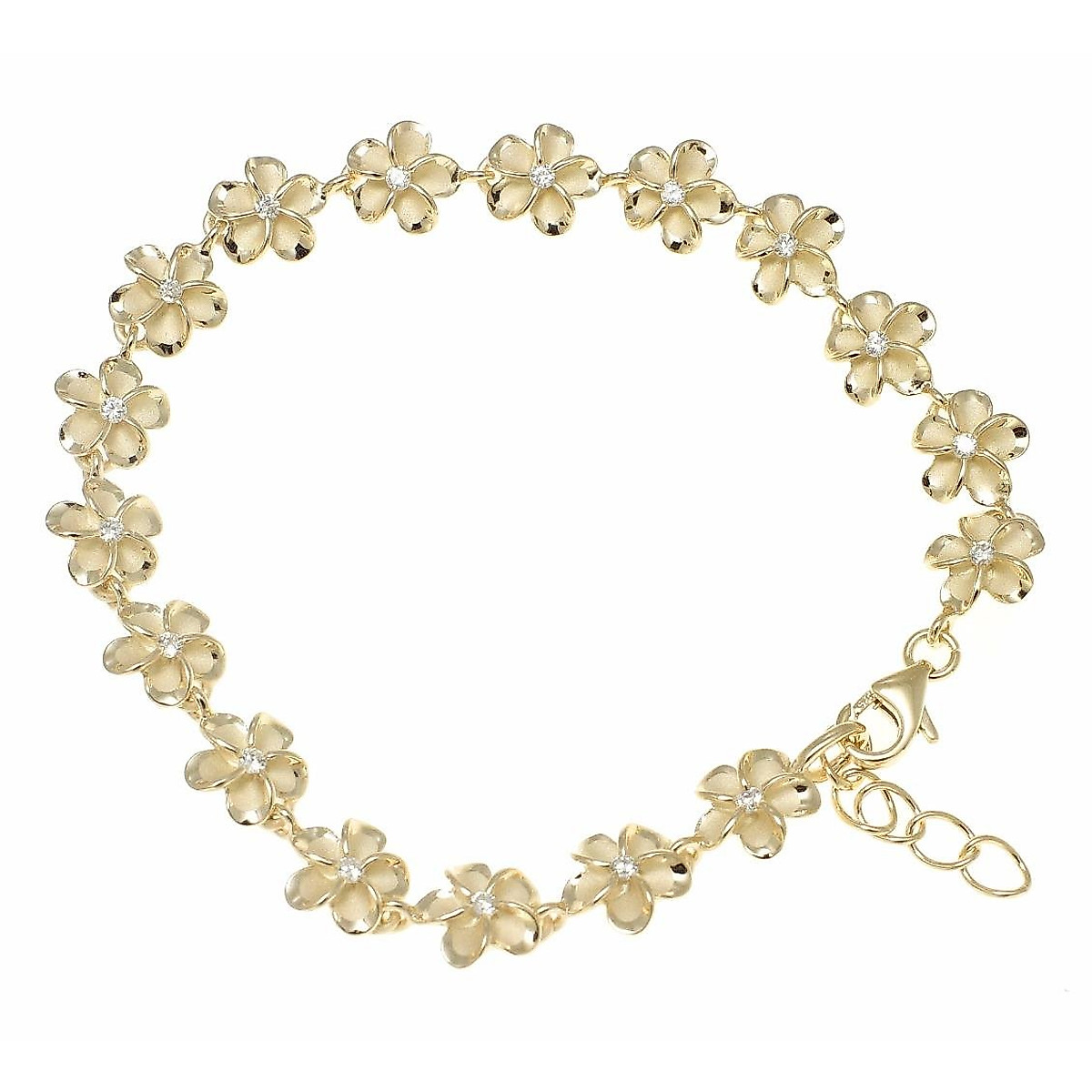 Arthur's Jewelry 925 Sterling silver yellow gold plated Hawaiian 10mm cz plumeria flower bracelet 7"