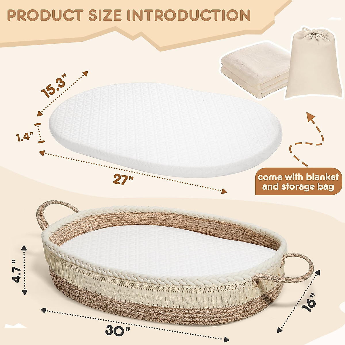 HARPPA Baby Changing Basket, Moses Basket with Waterproof Pad and Blanket, Portable and Washable Woven Basket for Dresser and Diaper Changing Baby Nursery(Brown)