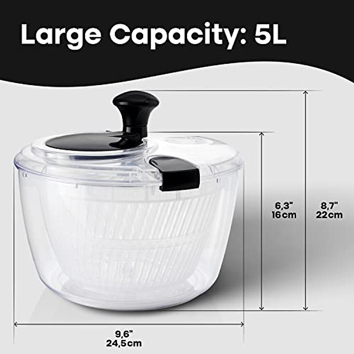 Neatness Large Salad Spinner with Drain, Bowl, and Colander - Quick and Easy Multi-Use Lettuce Spinner, Vegetable Dryer, Fruit Washer, Pasta and Fries Spinner - 5.28 Qt