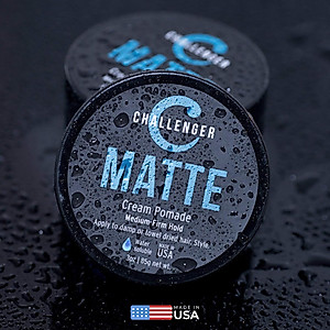 Challenger Matte Cream Pomade | Natural, Shine Free Styling Product | Medium Firm All-Day Hold | Travel Friendly Water Based Hair Gel | For All Hair Types | 1.5oz