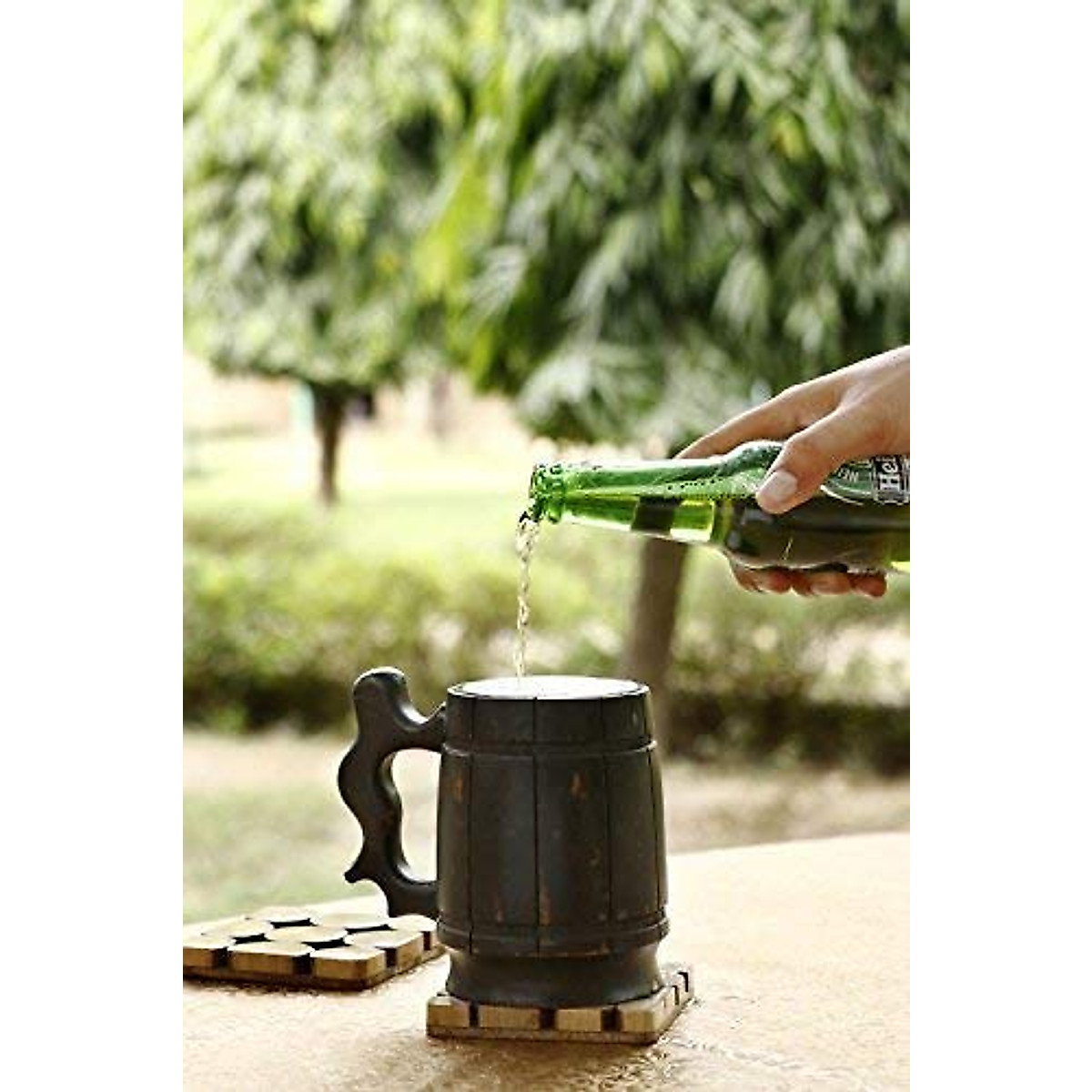 GoCraft Handmade Wooden Beer Mug with 18oz Stainless Steel Cup | Great Beer Gift Ideas Wooden Beer Tankard for Men | Vintage Bar accessories - Barrel Brown Classic Design