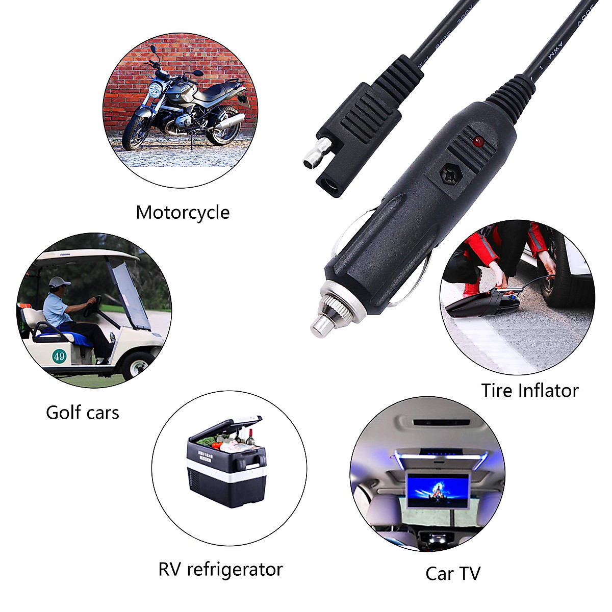 SinLoon Cigarette Lighter SAE Battery Charger Cable, 12V 5A Cigarette Lighter Plug to SAE Quick Release Adapter Extension Charging Cable with Fuse and LED Light(35cm)