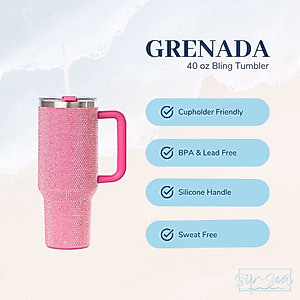 Sip+Sea Grenada 40oz Rhinestone-Encrusted Insulated Tumbler - Premium Bling Stainless Steel Water Bottle with Handle, Double Wall Vacuum Technology, Includes Leakproof Lid and Straw