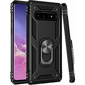 Galaxy S10+ Plus Case, Military Grade Drop Tested, Magnetic Ring Kickstand, Car Mount Compatible, Protective Black Cover