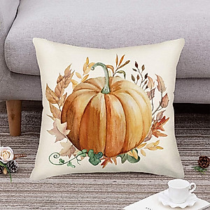 Fukeen Pumpkin Fall Decorative Pillow Covers 22x22 Inch Orange Pumpkin and Maple Leaves Autumn Harvest Throw Pillow Covers Farmhouse Thanksgiving Outdoor Pillows Case for Home Couch