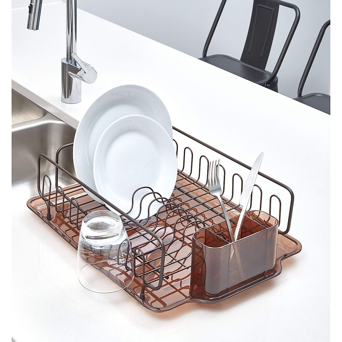 iDesign Forma Lupe Stainless Steel Metal Sink Dish Drainer Plastic Tray Kitchen Drying Rack For Glasses, Silverware, Bowls, Plates, 13.3" x 17.5" x 5.2", Bronze