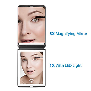 wobsion 300 Flip Folding Travel Mirror, 1x/3x Magnifying with 23 LEDs, Touch Dimmable, Rechargeable, Magnetic Switch, Black