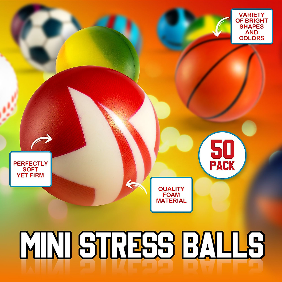 50 Mini Stress Balls For Kids And Adults - Bulk 2 Inch Assorted Soft Stress Relief Balls, Squishy Balls Sensory Fidget Toys, Party Favors, Birthday Gifts Goodie Bag Stuffers Stocking Stuffers For Kids