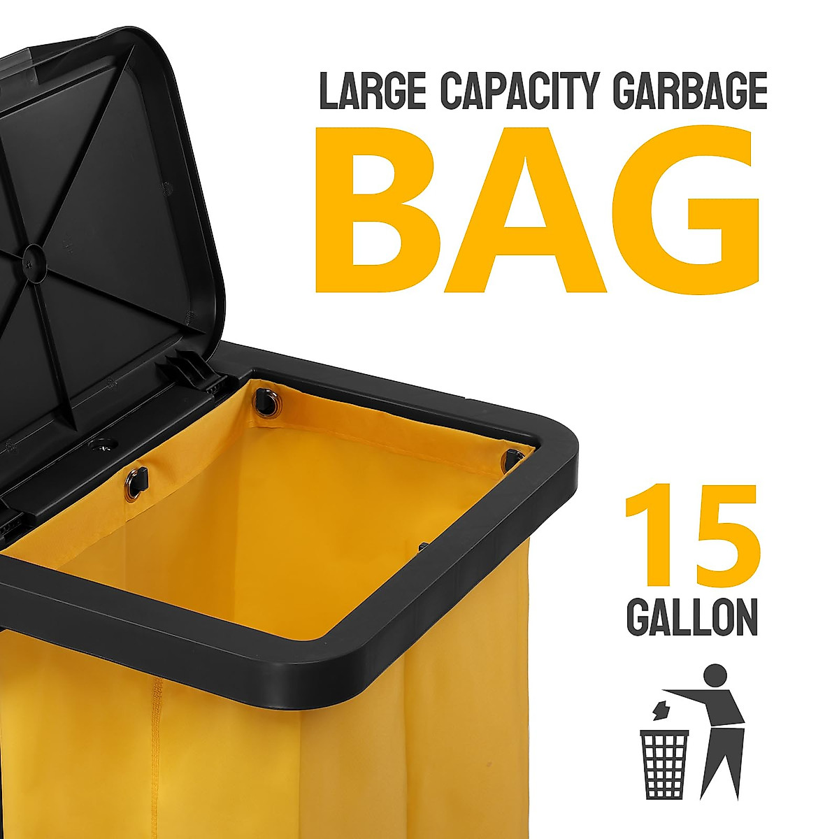 TUFFIOM Commercial Traditional Cleaning 3-Shelf Janitorial Cart, 500 Lbs Capacity Housekeeping Cart, Wheeled with Yellow VinylBag and Cover w Lid, Black