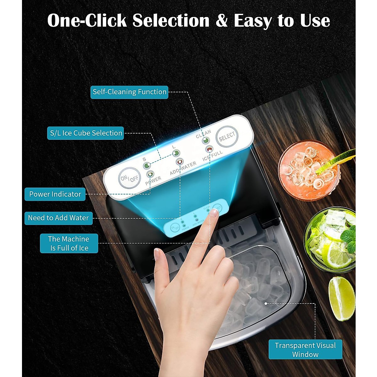 EVAMOKE Ice Makers Countertop with Handle, Nugget Ice Cubes Ice Machine with Basket and Ice Scoop, Portable Ice Maker 9 Cubes Ice Black Mini Bullet Ice Maker Small, Ice Maker for Home&Kitchen&Office