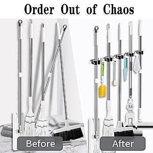 5 Racks and 4 Hooks Mop and Broom Holder Wall Mount, Broom Organizer Storage Tool Racks Stainless Steel Heavy Duty Hooks Self Adhesive Solid Non-slip for Home Kitchen Garden Laundry Garage