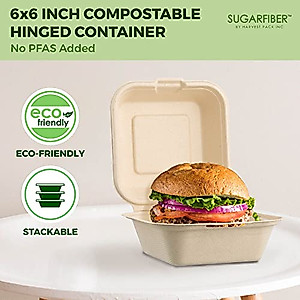 Harvest Pack GOURMET SHOWCASE [50 COUNT Sugarfiber 6 X 6 PFAS FREE Compostable Square Hinged Container, Single Compartment Clamshell Takeout Box, Made from Eco-Friendly Plant Fibers, No PFAS Added