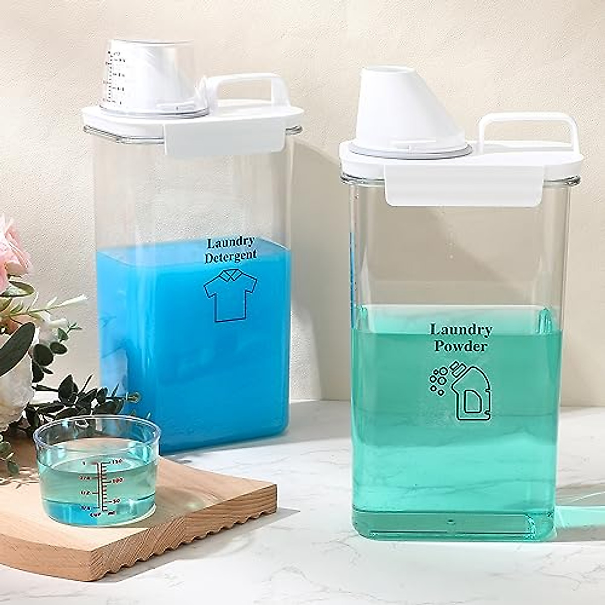 4 Pcs Laundry Detergent Dispenser Fabric Softener Dispenser 78/98 oz Laundry Powder Container Laundry Detergent Holder with Lid 16 Removable Labels for Soap Rice Oatmeal PET Food Grain, Clear (98 oz)