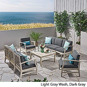 Great Deal Furniture Lorelei Outdoor 9 Piece Acacia Wood Sofa Conversational Set, Light Gray and Dark Gray