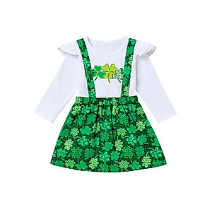 Baby Girls St.Patrick's Day Outfits Toddler Girls Ruffle Sleeve Shirts Shamrock Clover Suspender Dresses