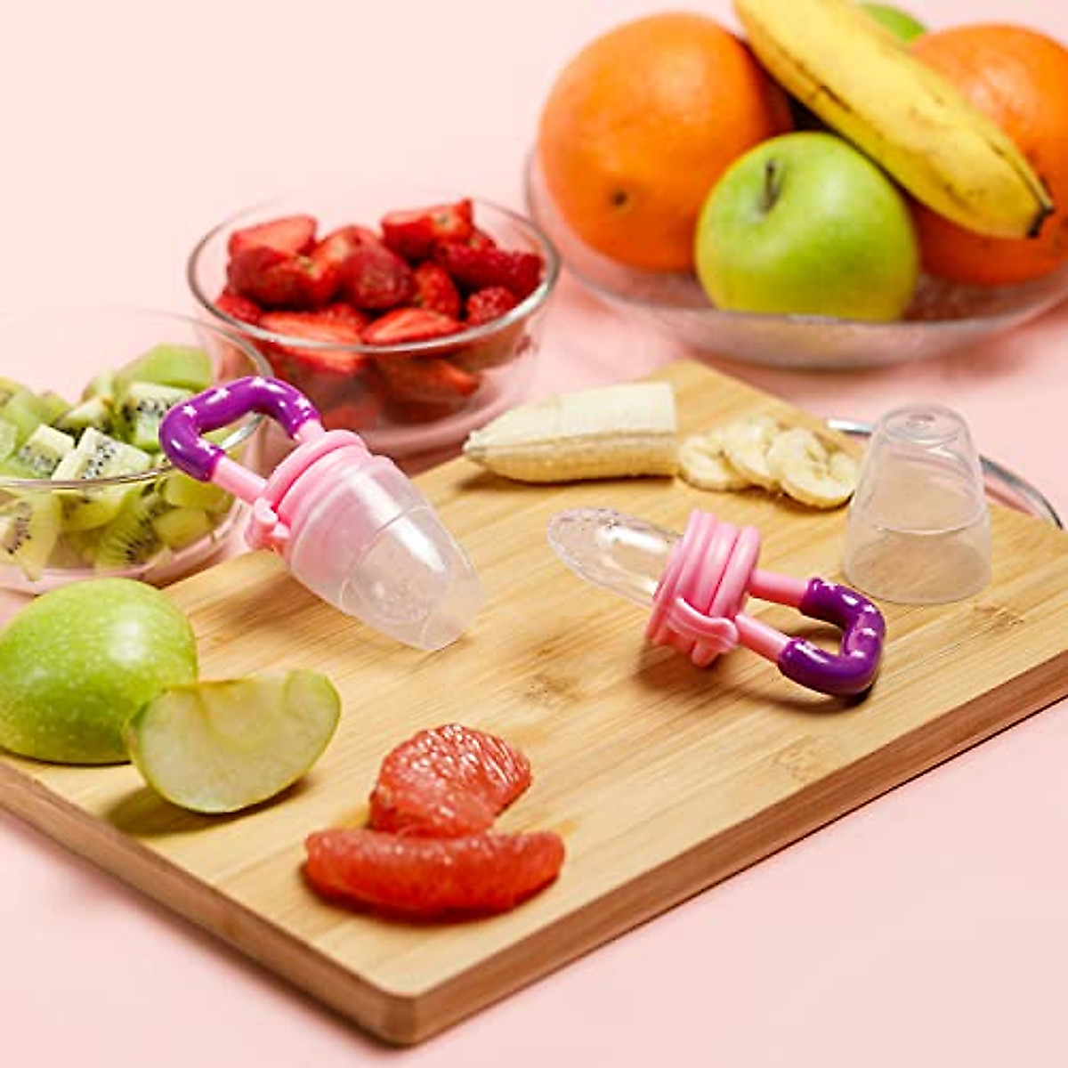 Baby Fruit Feeder Pacifier - 3 Pack | 2 Frozen Fruit Teething Pacifier & 1 Baby Food Spoon Feeder | Baby Silicone Feeder Pacifier | Teething Feeder, Baby Food Feeder Fruit Pacifier (Pink)