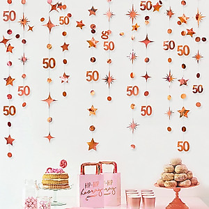 Rose Gold 50th Birthday Decorations Number 50 Circle Dot Twinkle Star Garland Metallic Hanging Streamer Bunting Banner Backdrop for 50 Year Old Birthday Happy 50th Anniversary Fiftieth Party Supplies