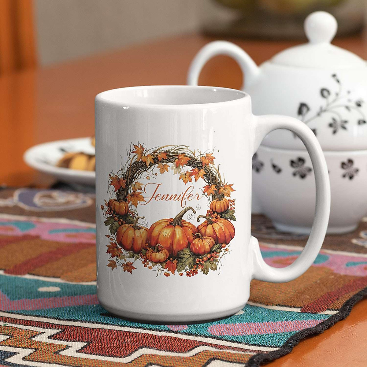 Beautiful Autumn Wreath Mug With Custom Name, Fall Pumpkin And Leaf Design Coffee Cup, Personalized Autumn Lover White Cup 15oz, Customized Fall Ceramic Mug For Friend Coworker