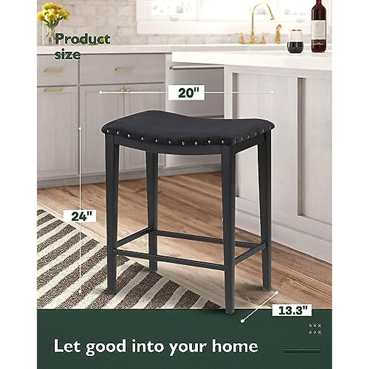 KATDANS Black Bar Stools Set of 2 Counter Height 24 Inches Backless Barstools for Kitchen Counter Modern Saddle Stools Velvet Nailhead Upholstered Stools, KS718PBK, 2Pcs