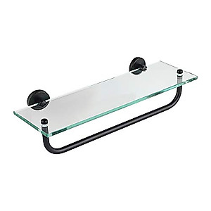 JQK Bathroom Glass Shelf, Shelf with 15 Inch Towel Bar Tempered Glass Shower Storage 16 by 5 inches, 304 Stainless Steel Matte Black Wall Mount, TGS100-PB